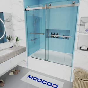 MCOCOD 60" W X 60" H X 2/5" THK Tempered Glass Double Smooth Sliding Frameless Bathtub Door With ...